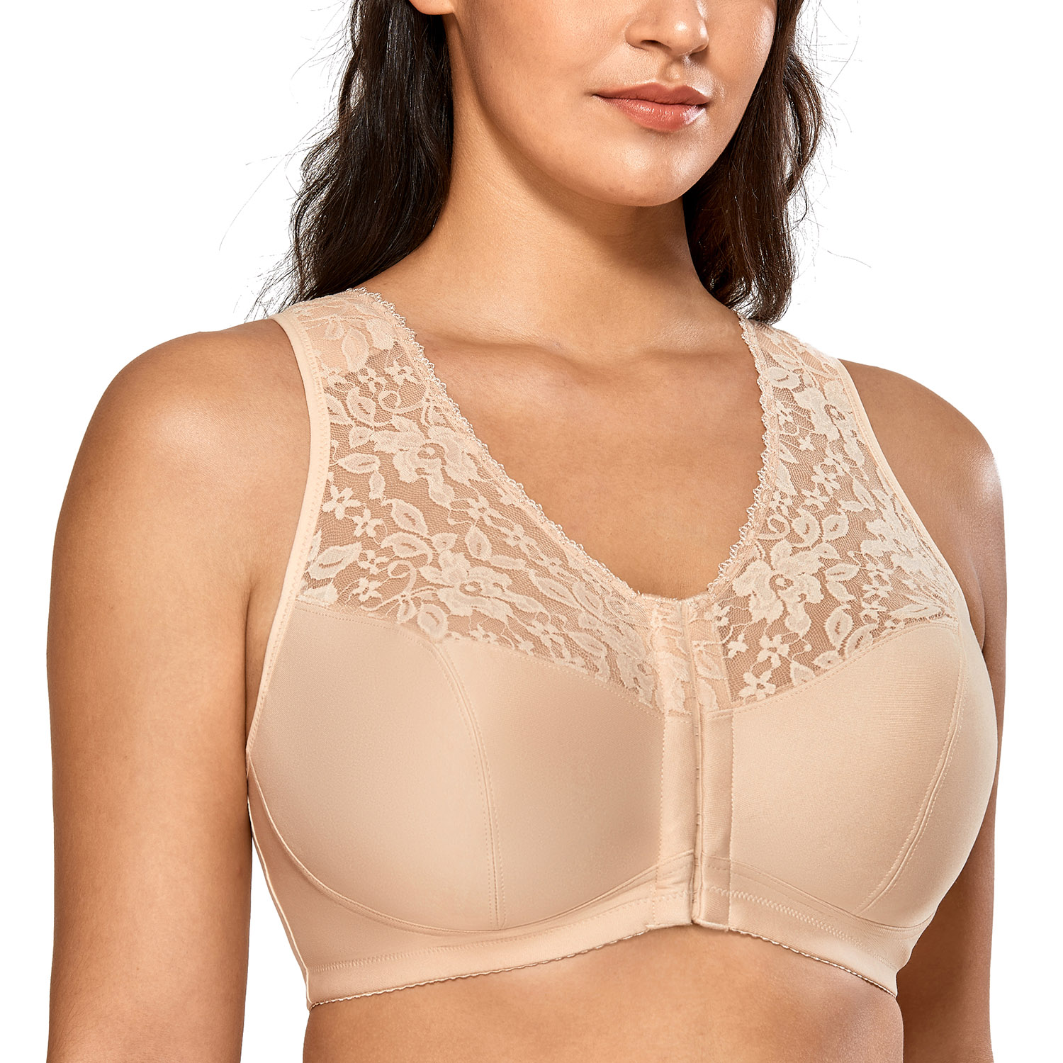 Womens Front Closure Bra Full Cup Wirefree Racerback Lace Plus Size Ebay